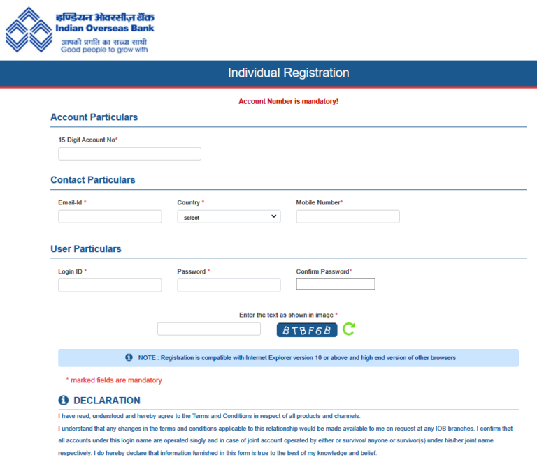 New User - IOB Net Banking Registration, Login, MPIN